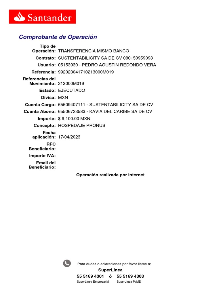 Comprobante de Operación: para Dudas o Aclaraciones Por Favor Llame A ...