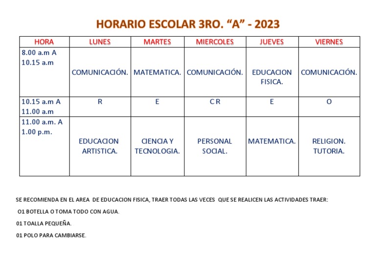 Horario Escolar 3ro | PDF
