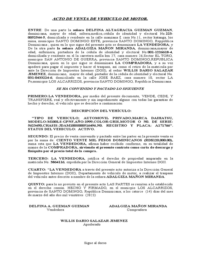 Acto de Venta de Vehiculo de Motor | PDF | República Dominicana