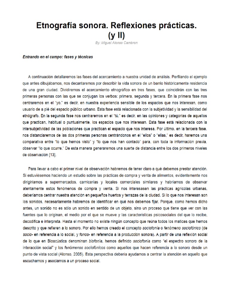 Etnografía Sonora II - Miguel Alonso Cambron | PDF