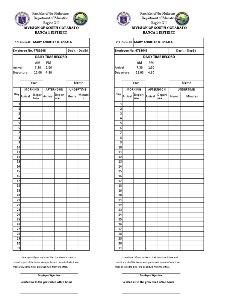 Form 48 Daily Time Record DTR | Download Free PDF | Government | Public ...