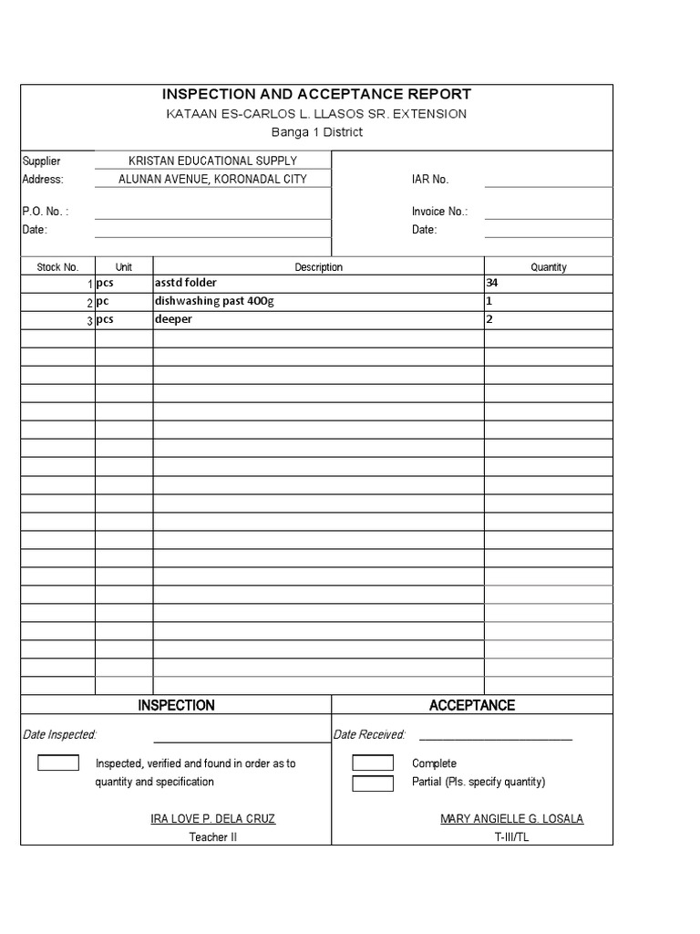 Inspection and Acceptance Report: Stock No. Unit Description Quantity ...