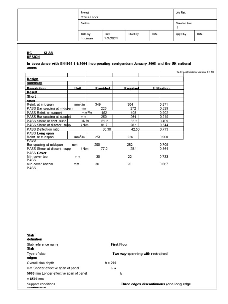 First Floor RC Slab Design (EN1992) | PDF | Bending | Materials Science