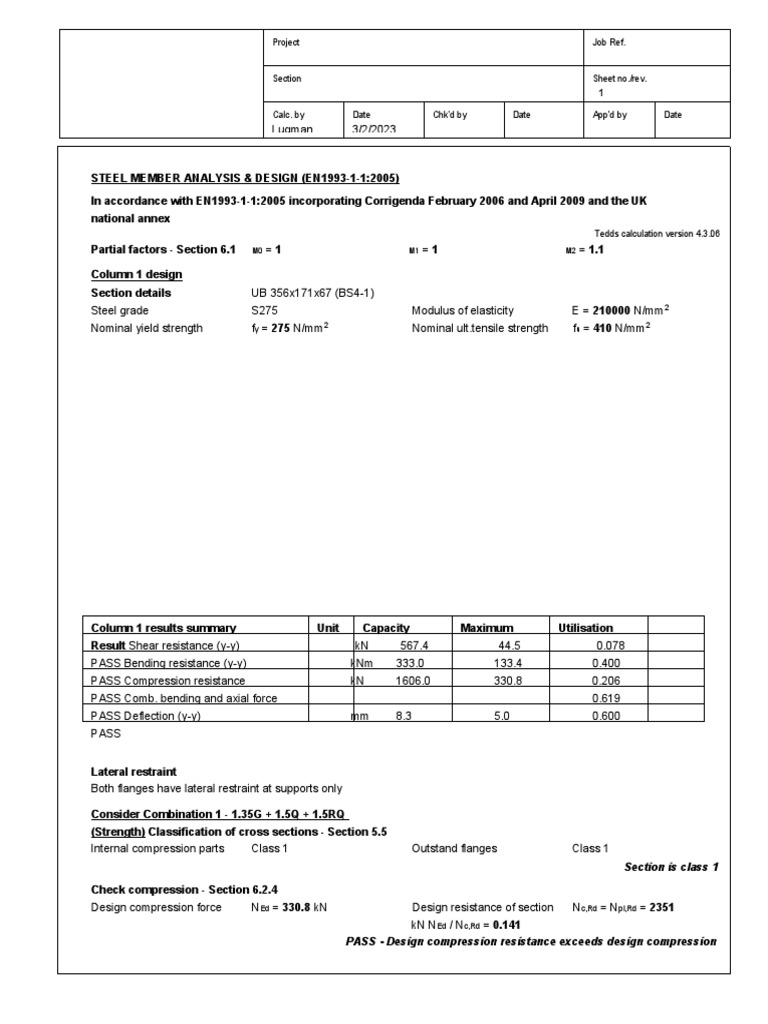 Steel Column Design Analysis and Calculations | PDF | Buckling | Bending
