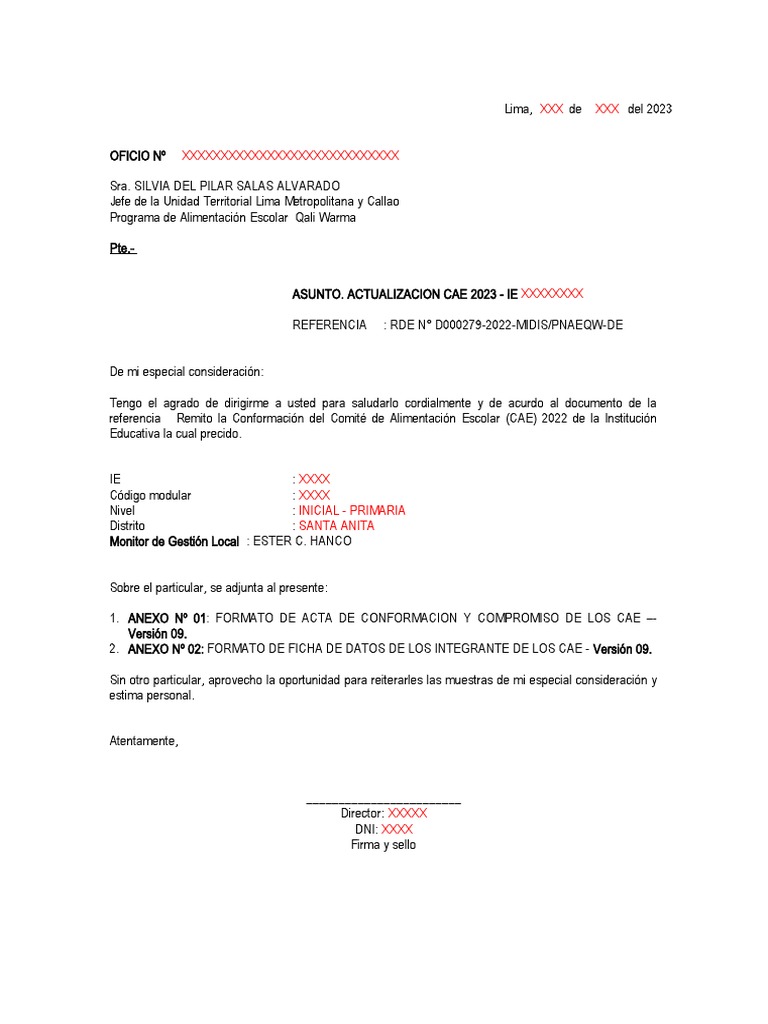 MODELO DE OFICIO DE ACTUALIZACION CAE 2023 | PDF