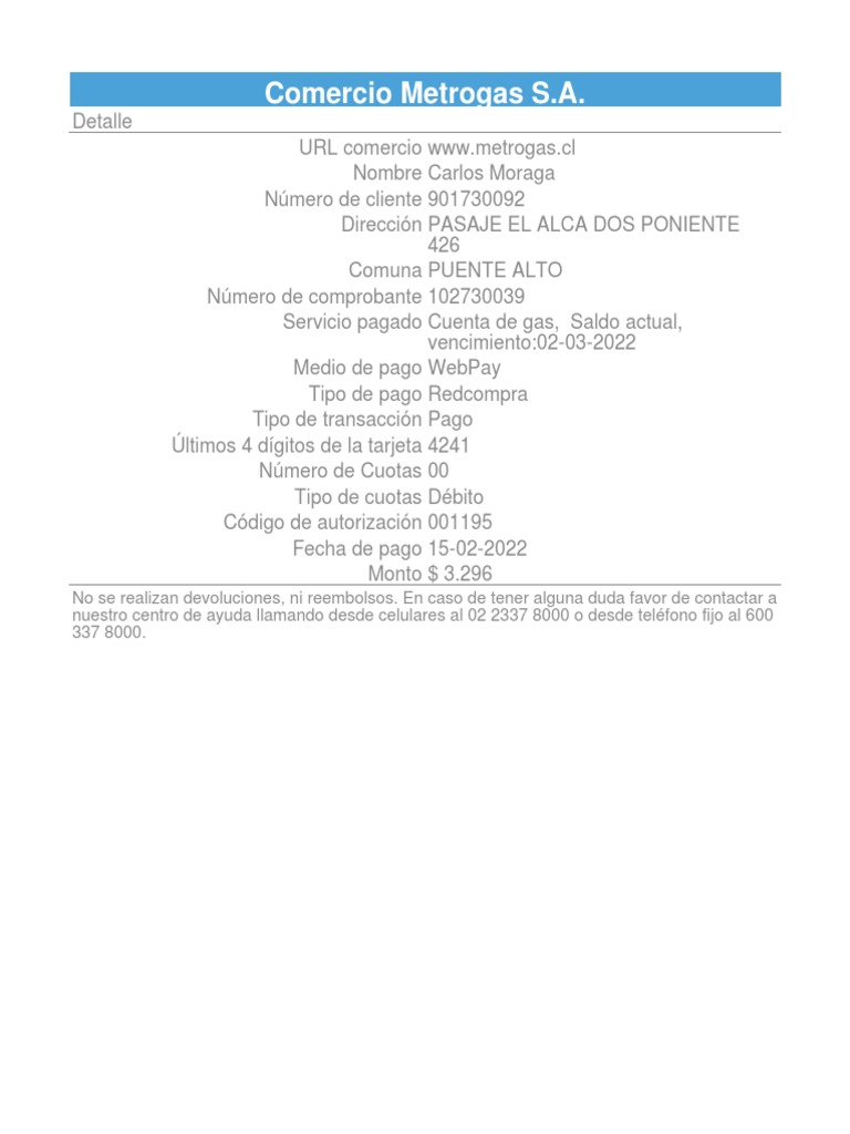 Pago de Gas Metrogas en Puente Alto | PDF