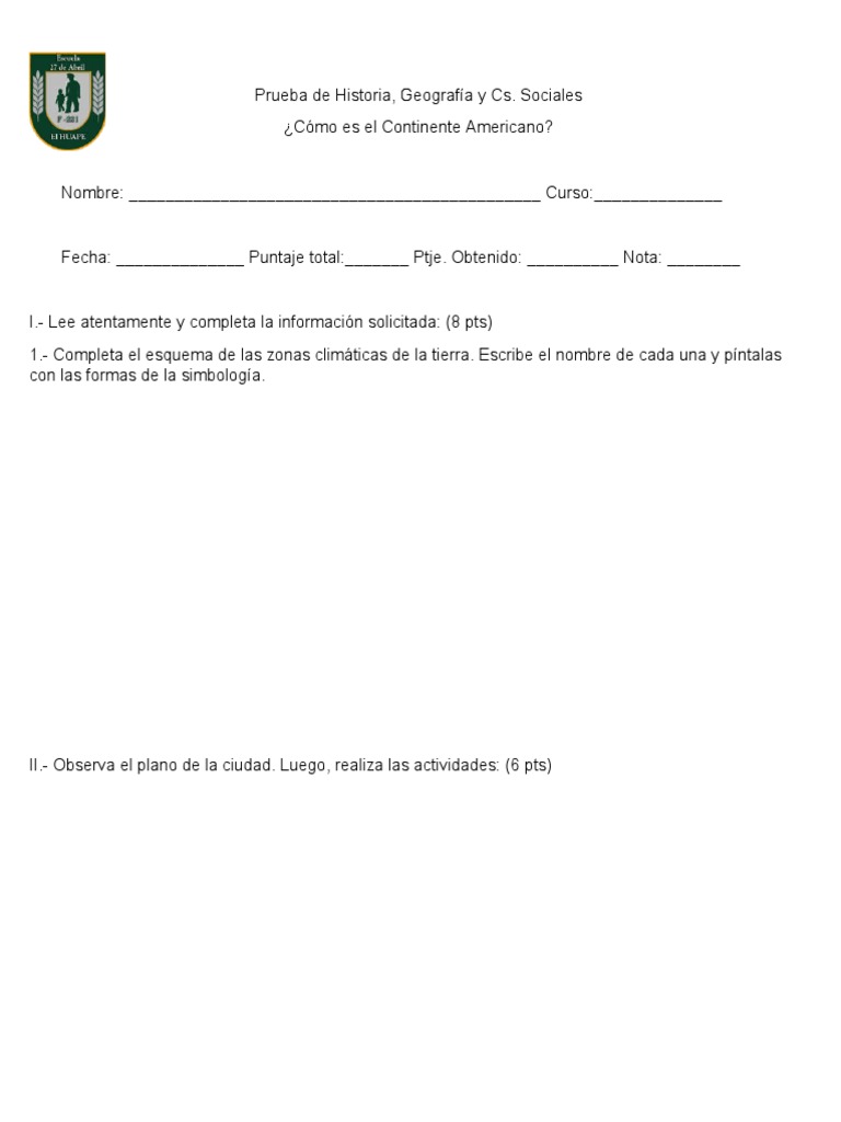 Prueba de Historia, Geografía y Ciencias Sociales sobre el Continente ...
