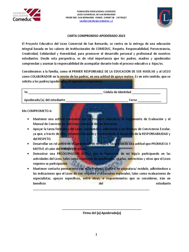 Carta Compromiso Apoderados Liceo Comercial | PDF | Cognición | Aprendizaje