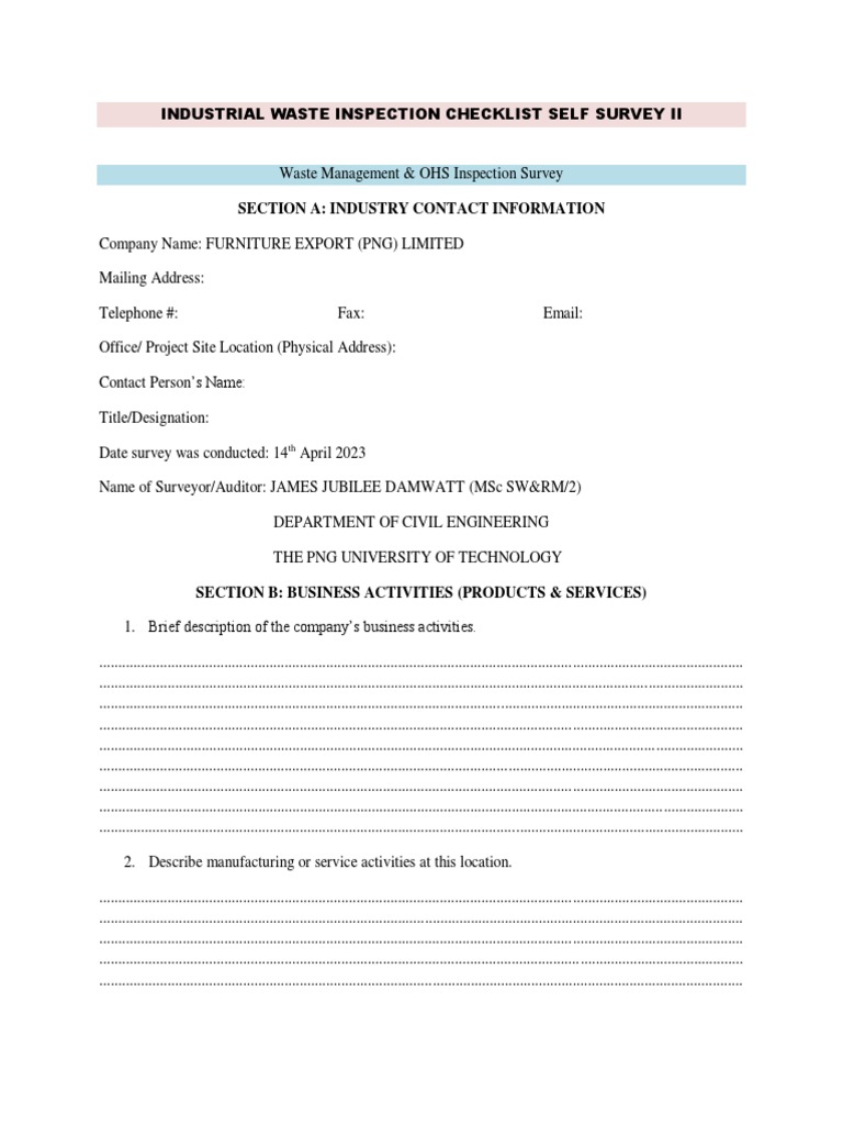 Industrial Waste Inspection Checklist Self Survey Ii - 124743 | PDF ...