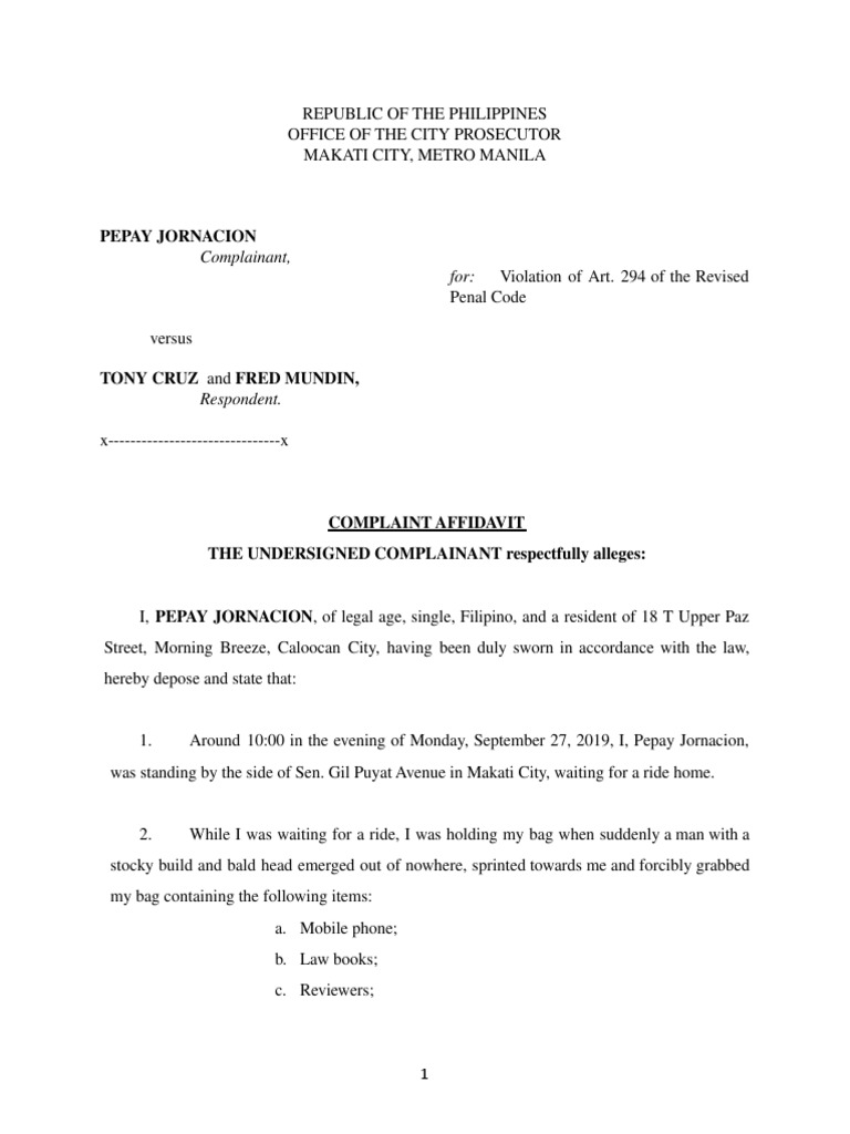 Sample 5 - Complaint Affidavit | PDF | Affidavit | Crimes