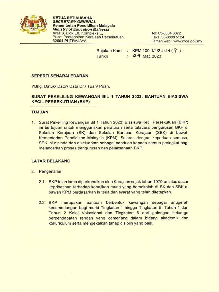 Surat Pekeliling Kewangan Bil 1 Tahun 2023 Bantuan Biasiswa Kecil | PDF