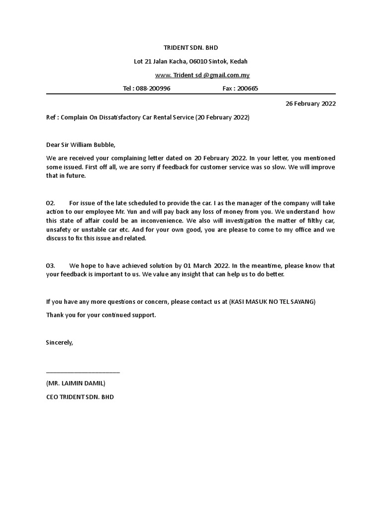 Answer Letter From Ceo Trident SDN | PDF