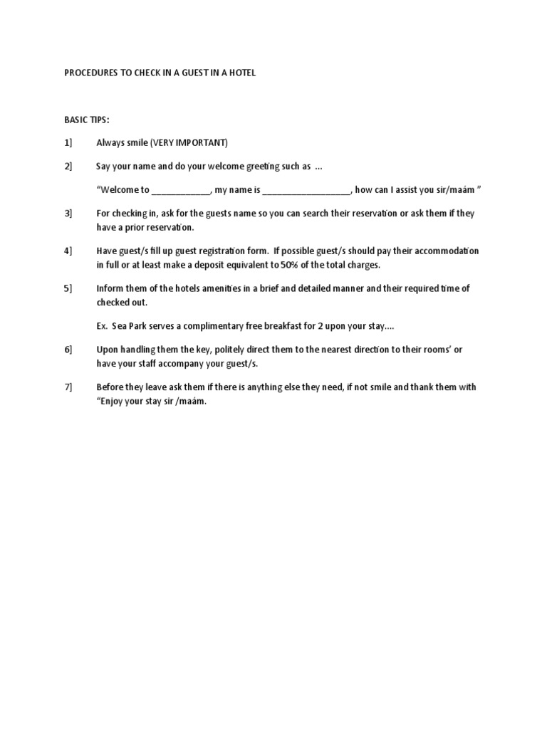 Procedures To Check in A Guest in A Hotel | PDF