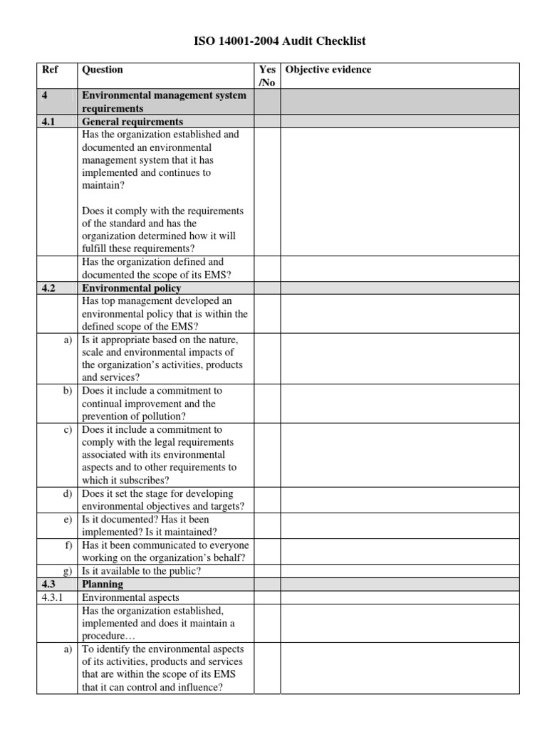 ISO 14001-2004 Audit Checklist | PDF | Audit | Internal Audit