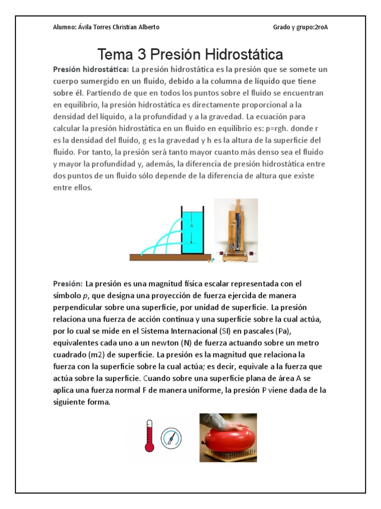 Tema 3 Presión Hidrostática | PDF | Presión | Fuerza