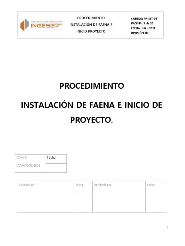 PR-SST-01 - Procedimiento Instalación de Faena. | PDF | Agua | Residuos