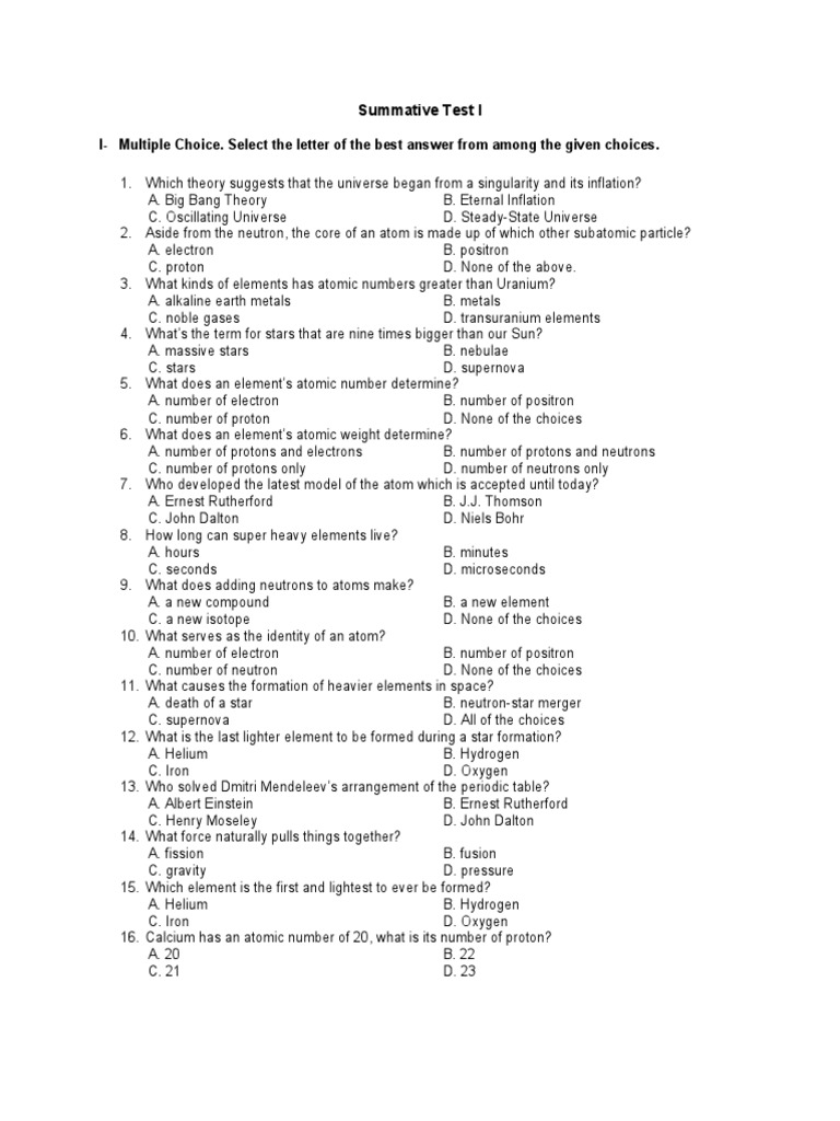 Summative Test I | PDF | Chemical Elements | Atoms