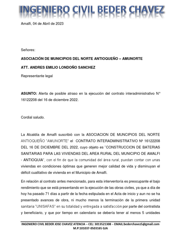 Oficio Interventoria 001 Unisafas | PDF