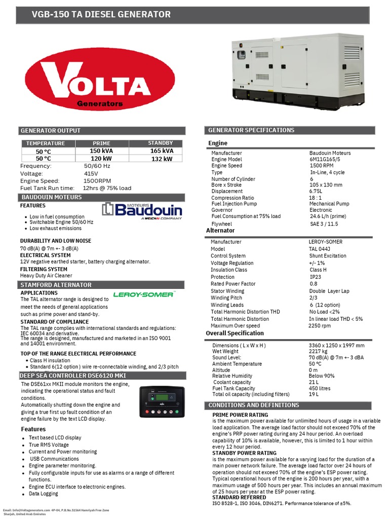 Generator Output Generator Specifications: 50 °C 50 °C 150 kVA 165 kVA ...