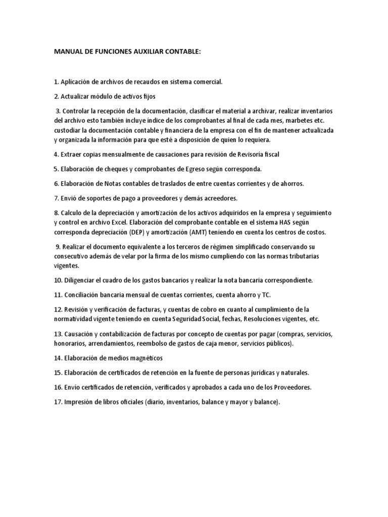 Manual De Funciones Auxiliar Contable Pdf Contabilidad Industrias