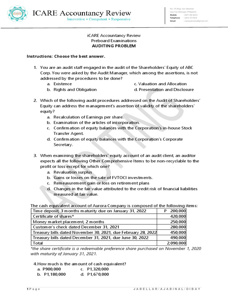 AP05 - Final Preboard Examination | PDF | Audit | Stocks