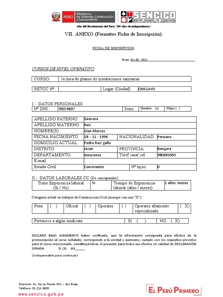 Ficha de Inscripción Retcc | PDF