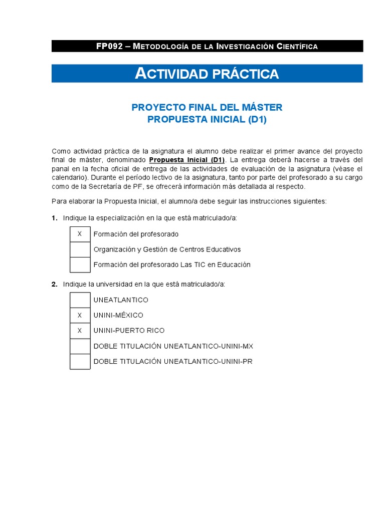 Ctividad Práctica: Proyecto Final Del Máster Propuesta Inicial (D1 ...