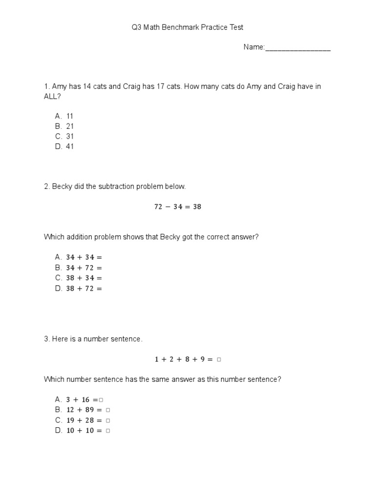 q3 math benchmark practice test 1 | PDF
