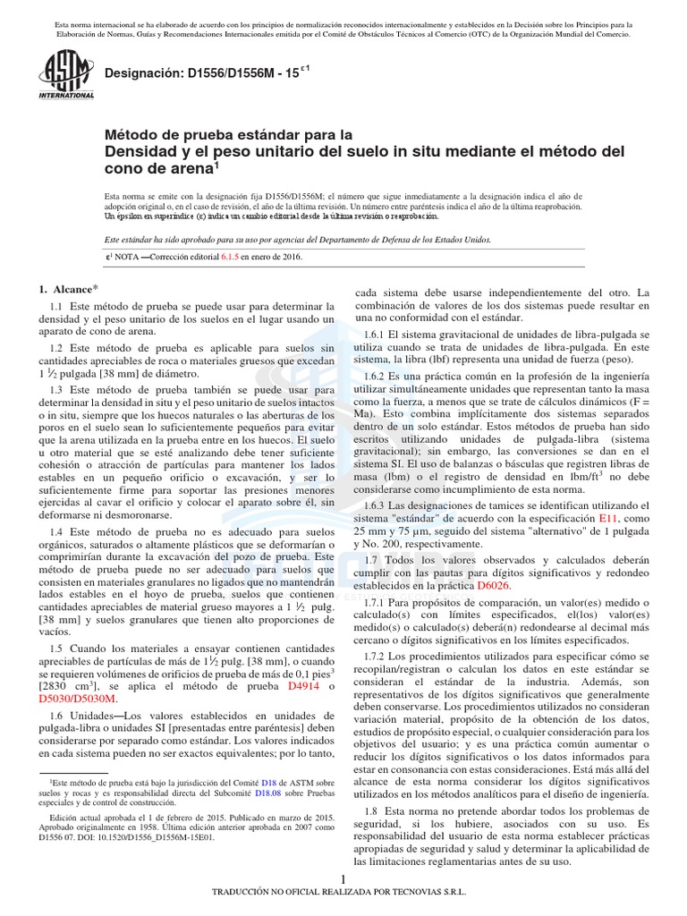 06 ASTM D1556-15 Método de Prueba Estandar para La Densidad y El Peso Unitario Del Suelo in Situ ...