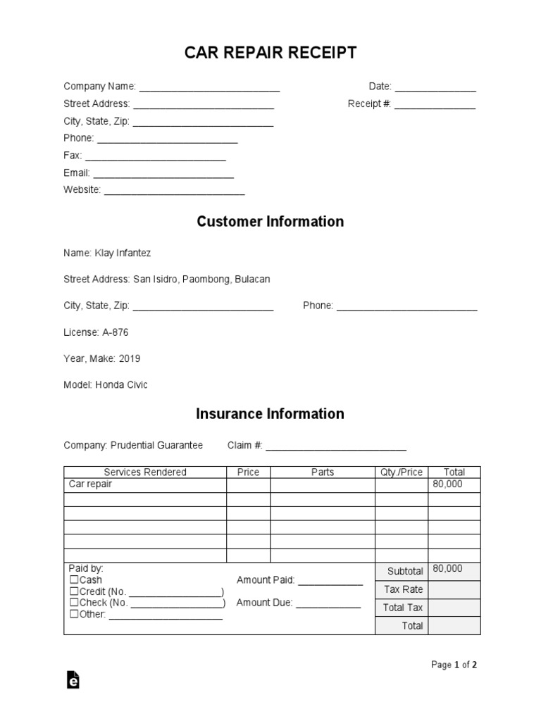 Car Repair Receipt Template | PDF