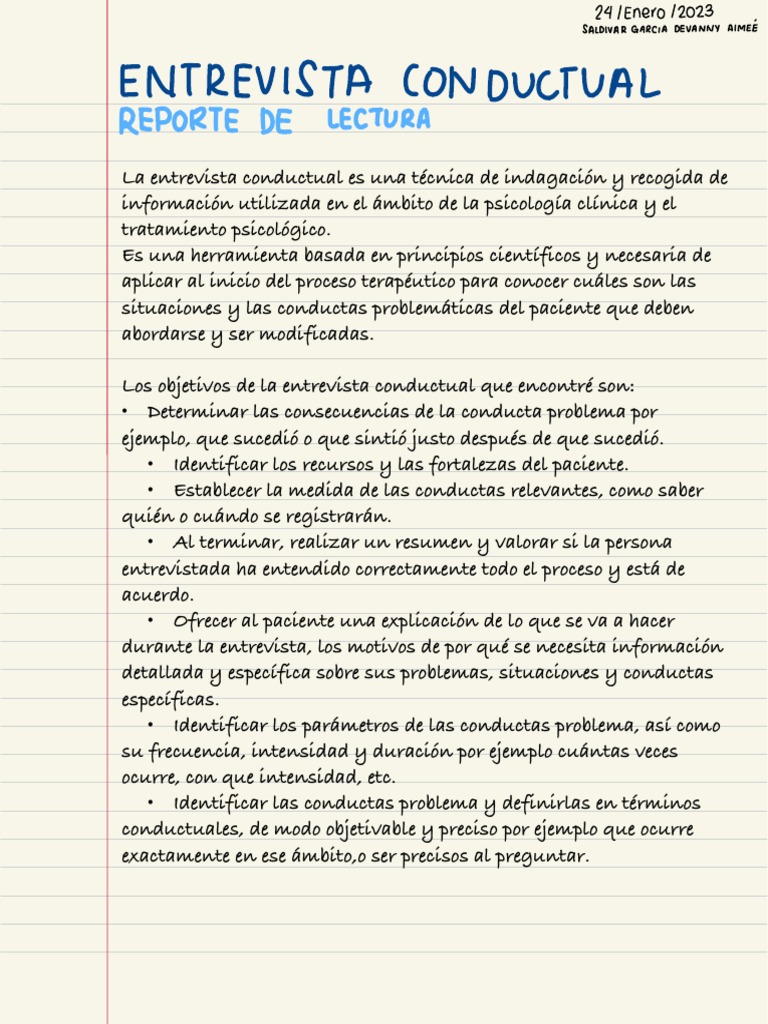 Reporte de Lectura Entrevista Conductual SUP | PDF | Comportamiento | Sicología