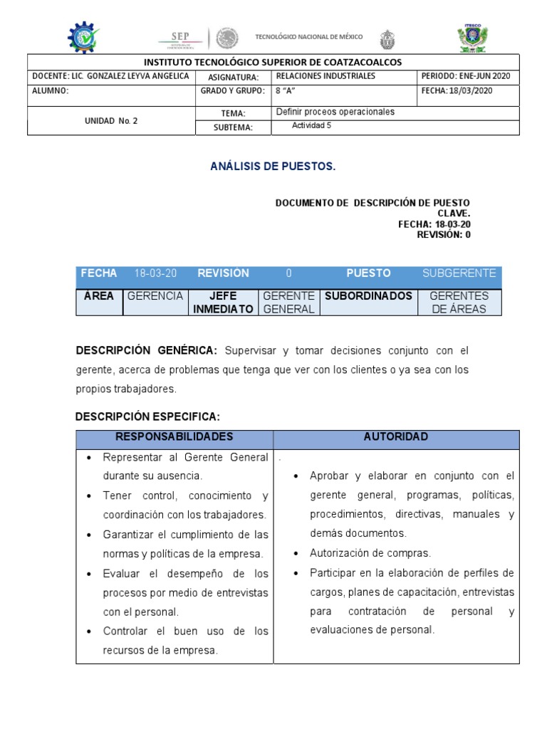 Analisis de Puesto-Subgerente-Corregido | PDF | Maestros | Business