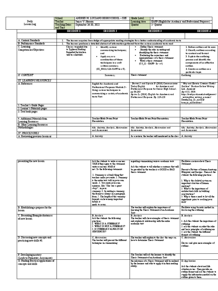 Developing Academic Reading and Writing Skills: A Daily Lesson Log on Summarization, Thesis ...