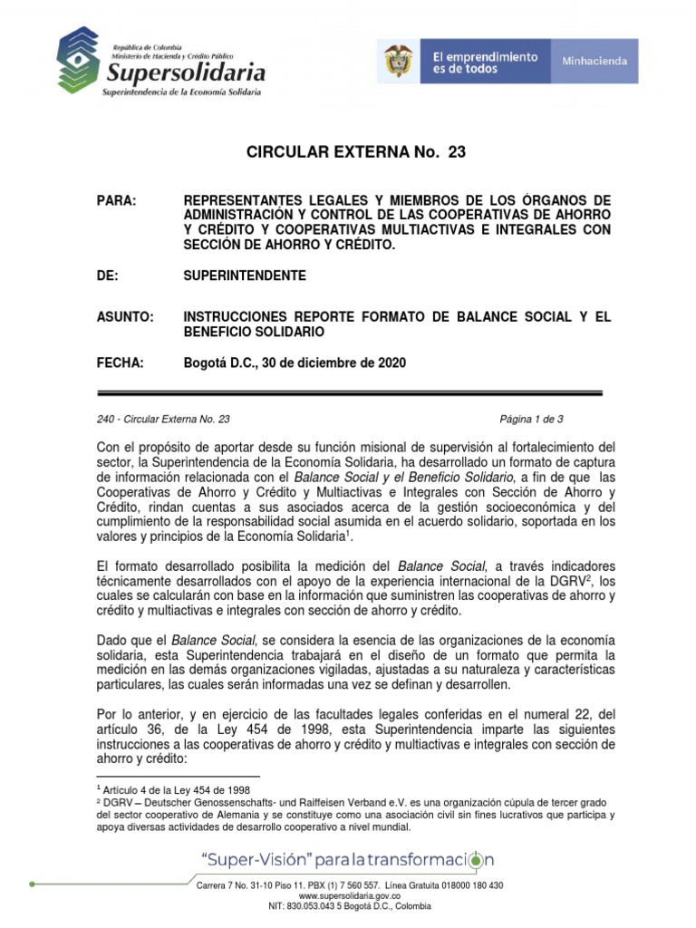 2020 - Circular Externa No 23 - SUPERSOLIDARIA - Balance Social y ...