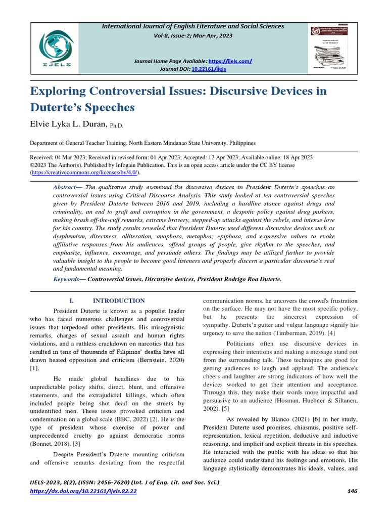 Exploring Controversial Issues: Discursive Devices in Duterte's Speeches | PDF | Rodrigo Duterte ...