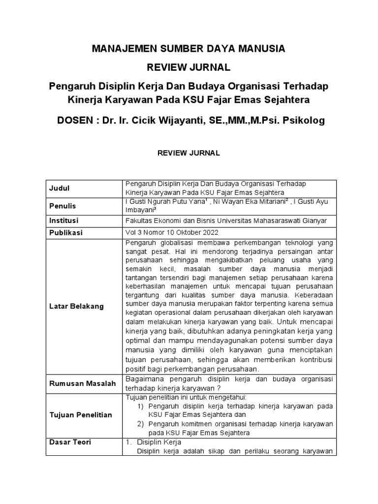 Review Jurnal Budaya Organisasi | PDF | Karier & Perkembangan | Pengembangan Diri