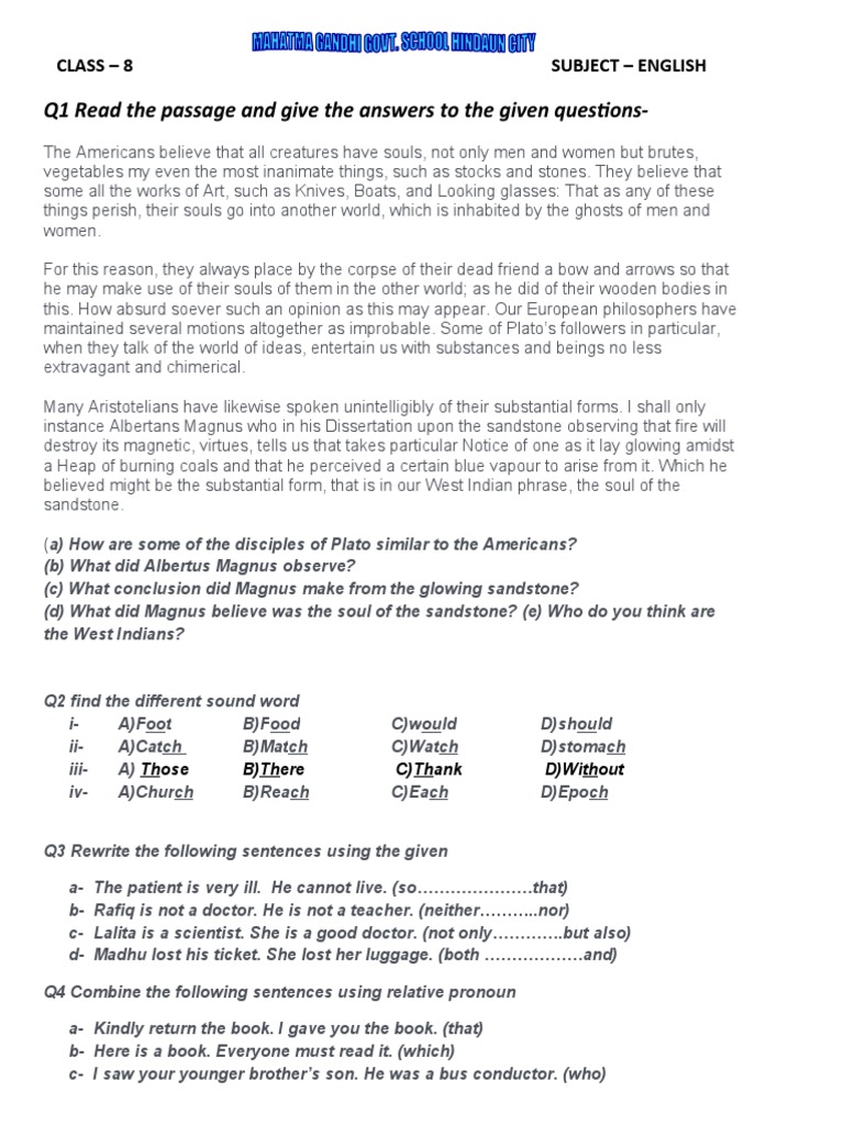 Class 8 Passage | PDF | Soul