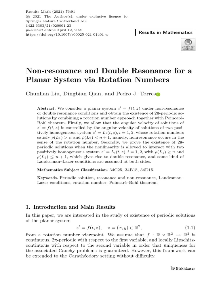 Non-Resonance and Double Resonance For A Planar System Via Rotation Numbers | PDF | Equations ...