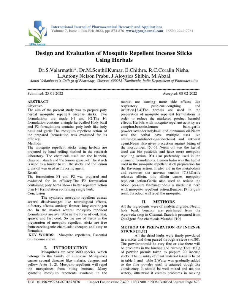 Evaluation of Mosquito Repellent Incense Sticks Using Herbal Formulations: Design, Preparation ...