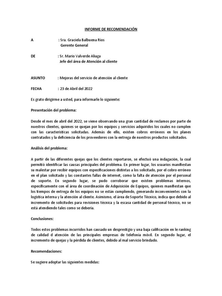 INFORME DE RECOMENDACIÓN PC 1 | PDF | Servicio al Cliente | Soporte técnico