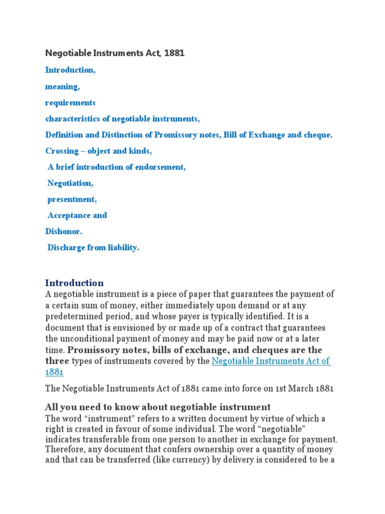 Negotiable Instruments Act | PDF | Negotiable Instrument | Cheque
