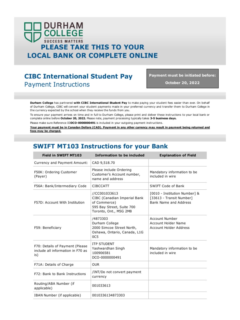 Please Take This To Your Local Bank or Complete Online: CIBC International Student Pay | PDF ...