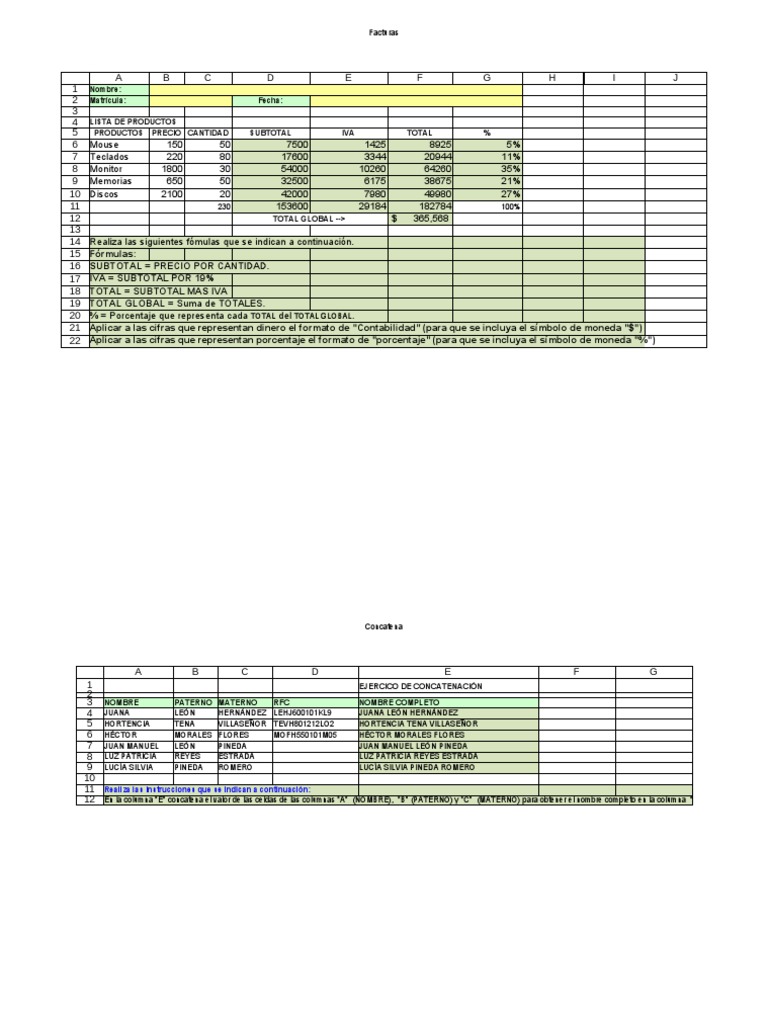 Formato EJERCICIOS EXCEL | PDF