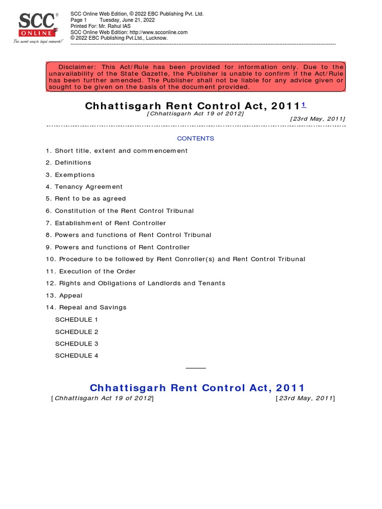 Chhattisgarh Rent Control Act, 2011 | PDF | Leasehold Estate | Lease