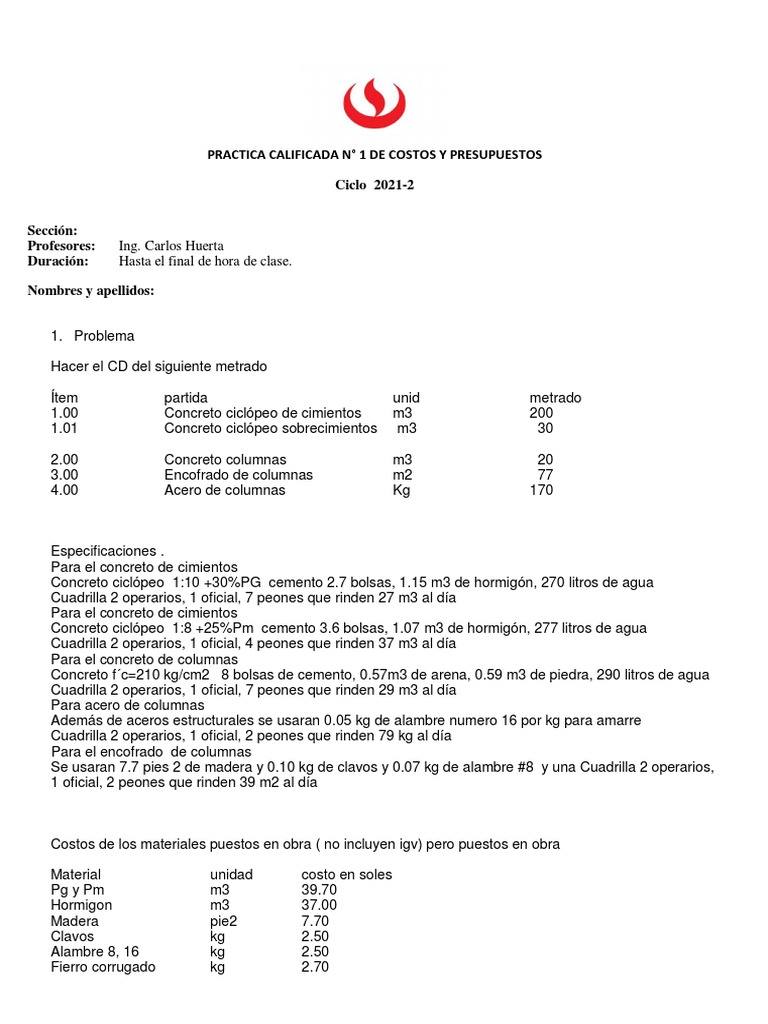 PC1 Costos 2021-2 | PDF | Hormigón | edificio