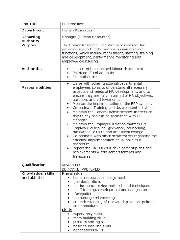 JD For HR Executive | PDF