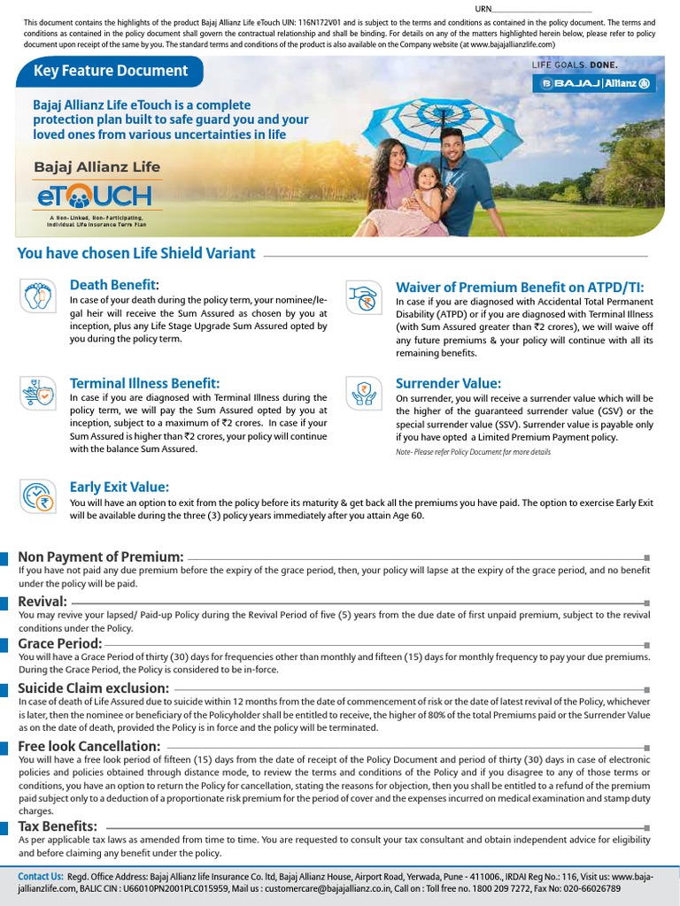 Bajaj Allianz Life eTouch Benefit Summary | PDF | Insurance | Life ...