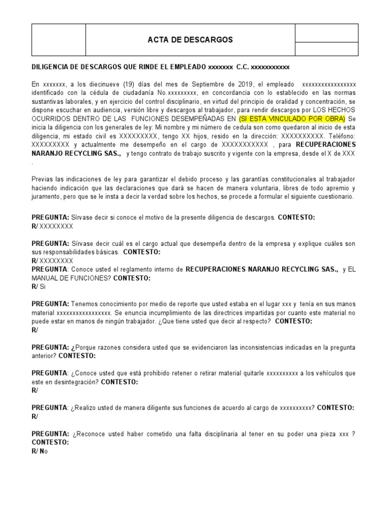 Modelo Diligencia De Descargos Que Rinde El Empleado En Recuperaciones