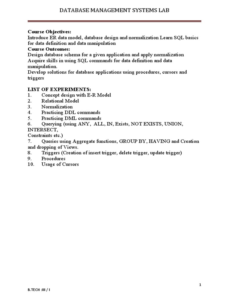 Database Management Systems Lab: Course Objectives: Course Outcomes | PDF | Relational Model ...