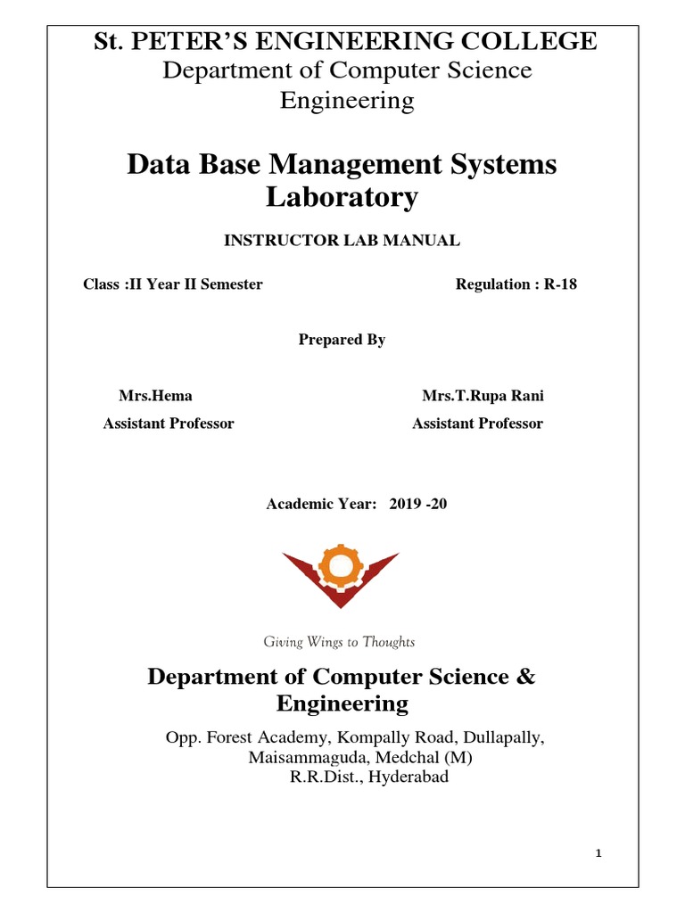 Data Base Management Systems Laboratory: Department of Computer Science Engineering | PDF ...